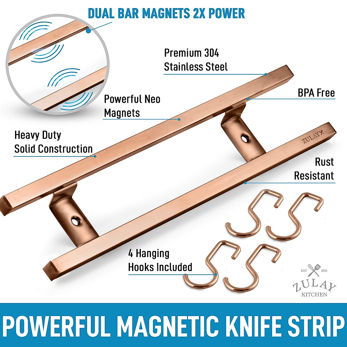 Zulay (12 Inch) Stainless Steel Magnetic Knife Holder For Wall - Powerful Knife Magnetic Strip With Extra Hanging Hooks - Wall Mount Magnetic Knife Strip & Organizer For Kitchen & Tools (Copper)