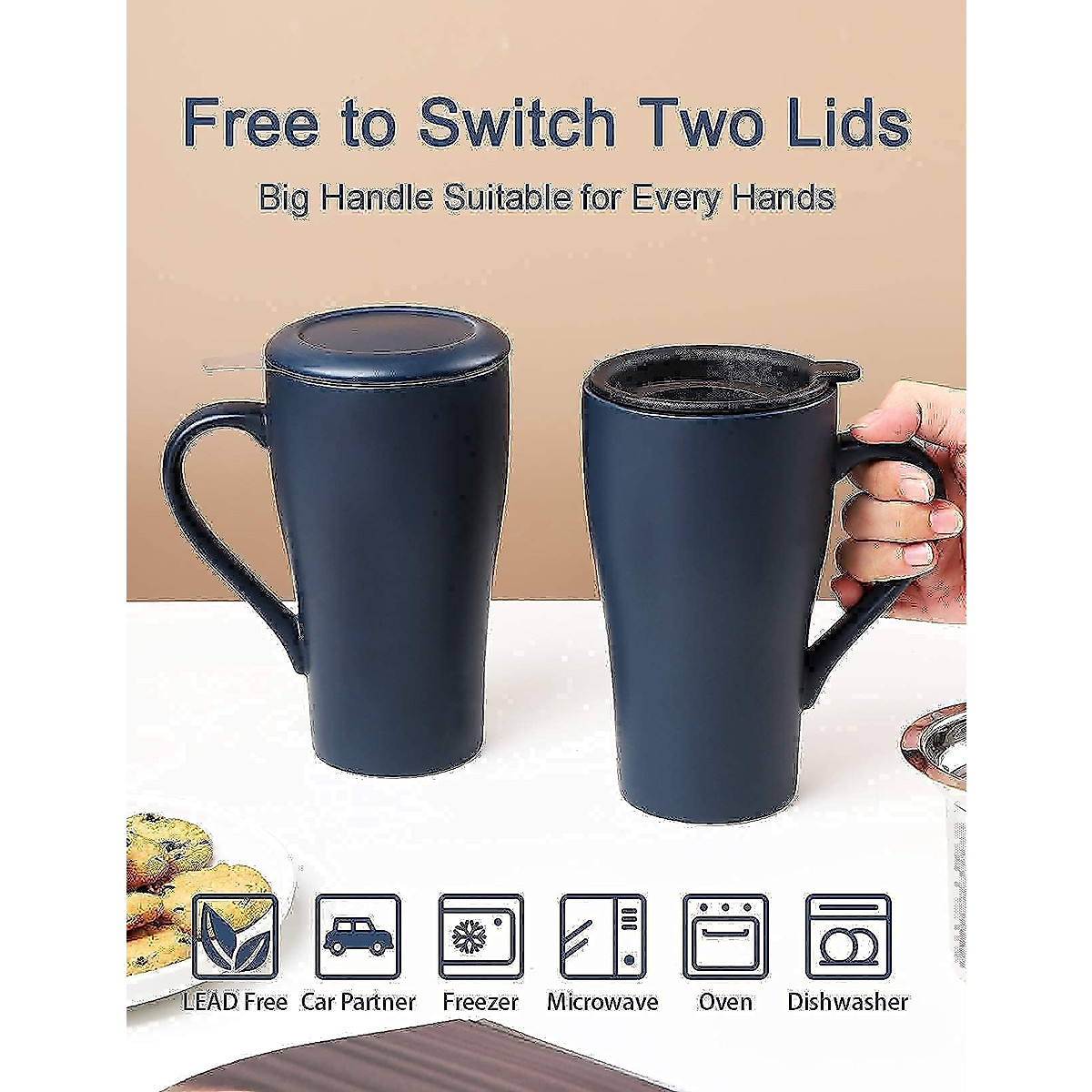 ARRADEN Two Set Tea Cup with Infuser and 4 Lids, 18oz Large Tea Infuser Mug, Tea Strainer Cup for Loose Tea, Travel Mug with Tea Bag Holder