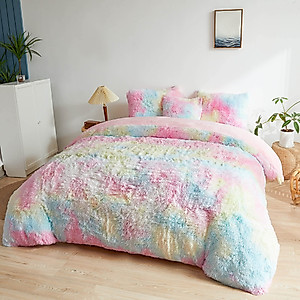 MEGO Rainbow Fluffy Plush Duvet Cover Set, Tie Dye Print Faux Fur Comforter Cover, Soft Multicolor gy Bedding Set for Teens Kids Girls&Boys 1 Fuzzy Duvet Cover + 2 Furry Pillowcases, King Size