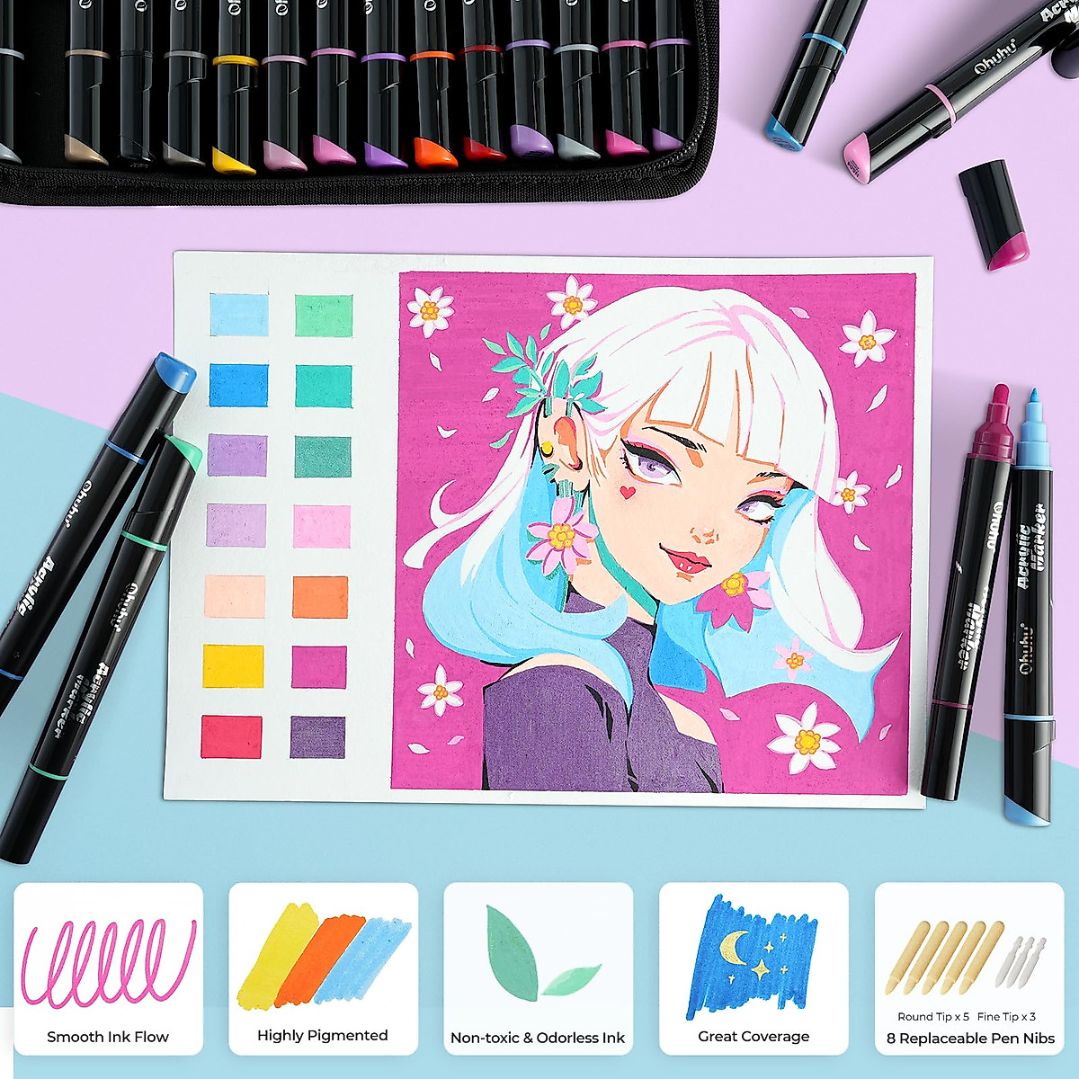 Ohuhu 30 Colors Acrylic Paint Pens : Dual Tips (Round & Fine) Acrylic Markers High Opacity Paint Markers Waterproof Lightfast for Rock Painting Easter Eggs Wood Glass Ceramic Canvas