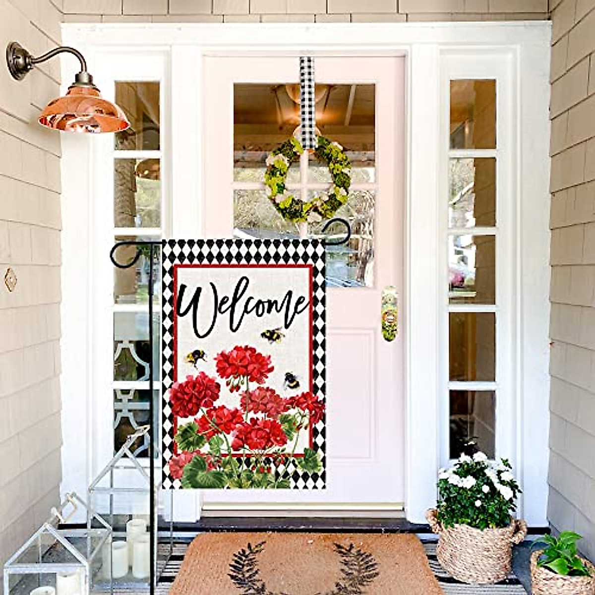 Baccessor Spring Summer Geranium Welcome Garden Flag Double Sided Summer Bee Red Floral Buffalo Plaid Small Burlap Yard Flag House Seasonal Farmhouse Outside Outdoor Decoration 12.5 x 18 Inch