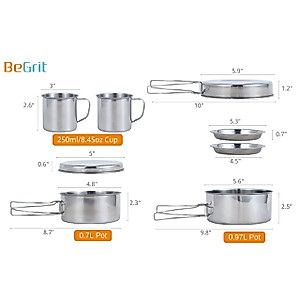 BeGrit Backpacking Camping Cookware Mini Picnic Camping Cooking Mess Kit with Pot and Pan Set for Hiking 8pcs Set