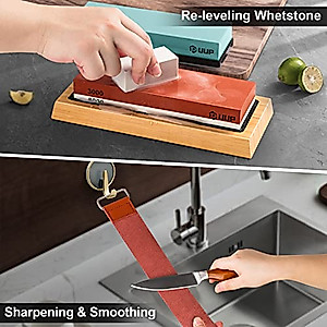 7PCS Knife Sharpening Stones, UUP Whetstone Sharpener Kit with Premium 4 Sides 400/1000 3000/8000 Grit Wet Stone Set, Leather Strop, Angle Guide, Flattening Stone for Kitchen Pocket Knives, Blade