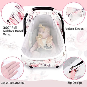 Baby Car Seat Cover and Baby Carseat Head Support & Strap Cover, Car Seat Canopy with Zipper Mesh, Watercolor Pink Floral
