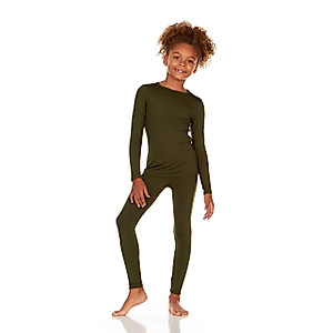 Thermajane Thermal Underwear for Kids Long Johns, Girls Thermal Underwear Set, Base Layer Kids Long Underwear (Olive Green, Medium)
