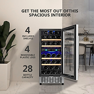 Karcassin Dual Zone 15 Inch Wine Cooler, 28 Bottle Wine Fridge with Stainless Steel Tempered Glass Door, Fit Red & White Wine, Built-in or Freestanding