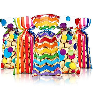 Rainbow Cellophane Treat Bags, Polka Dot Stripes Printed Pattern Goodie Candy Favor Bags with Twist Ties for Pride Day Kids School Lunches Baby Shower Birthday Party Supplies(105 Pieces)