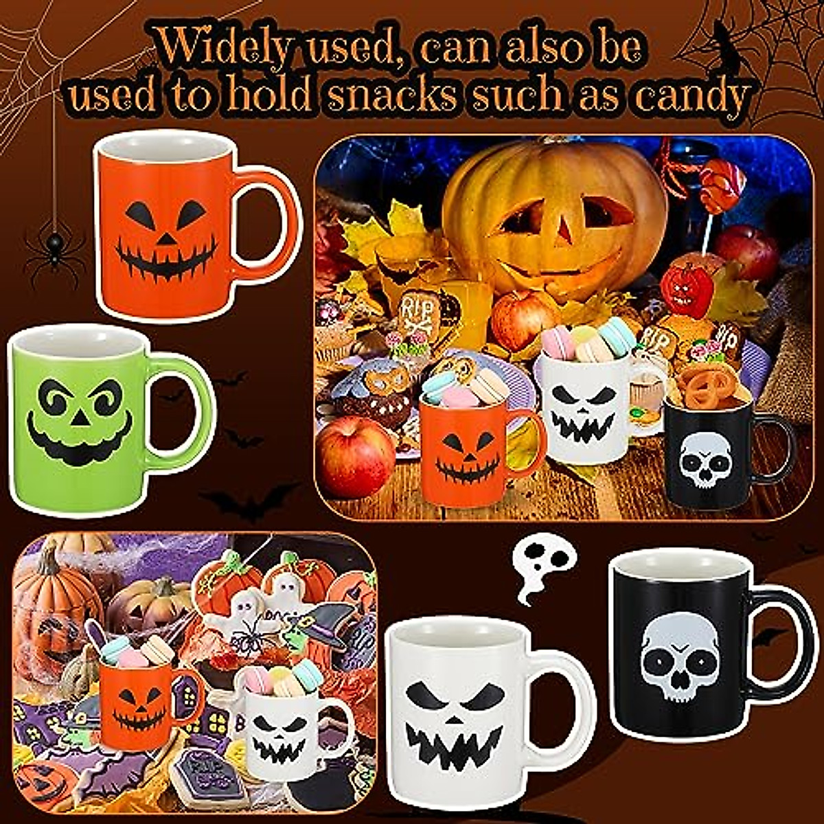 Zhehao 4 Pieces Halloween Mugs 15oz Mug Set Halloween Coffee Mugs with Handle Halloween Ceramic Matching Mugs for Home School Office Table Centerpieces Housewarming Holiday Party Gift (Scary Style)