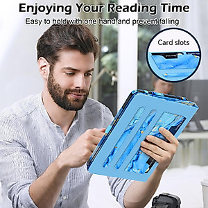 ZoneFoker Case for All New Kindle Fire HD 10 Tablet & Fire HD 10 Plus (11th/13th Generation, 2021/2023 Released), 360 Degree Rotating Stand Cover with Auto Sleep/Wake & Pencil Holder, Marble Blue