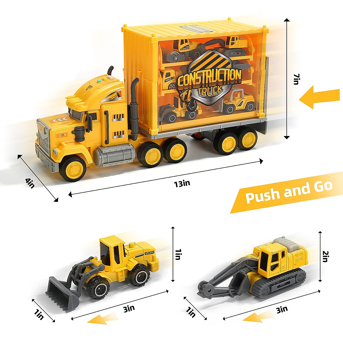 22 in 1 Construction Trucks Push and Go Car Carrier Truck Toy with Mini Alloy Diecast Trucks, Play Vehicles Set with Sounds and Lights, Gifts for Boys Toddler Kids