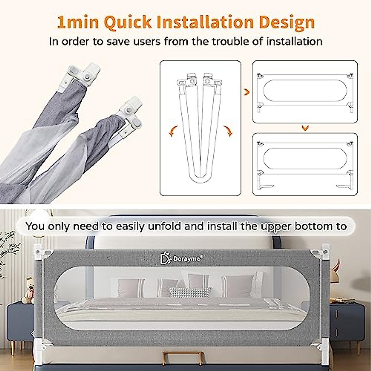 MagicFox Foldable Bed Rail for Toddlers - 32 Levels of Height Adjustment Specially Designed for Twin, Full, Queen, King Size - Quick Folding Installation Patent (78.7" * 30" (One Side))