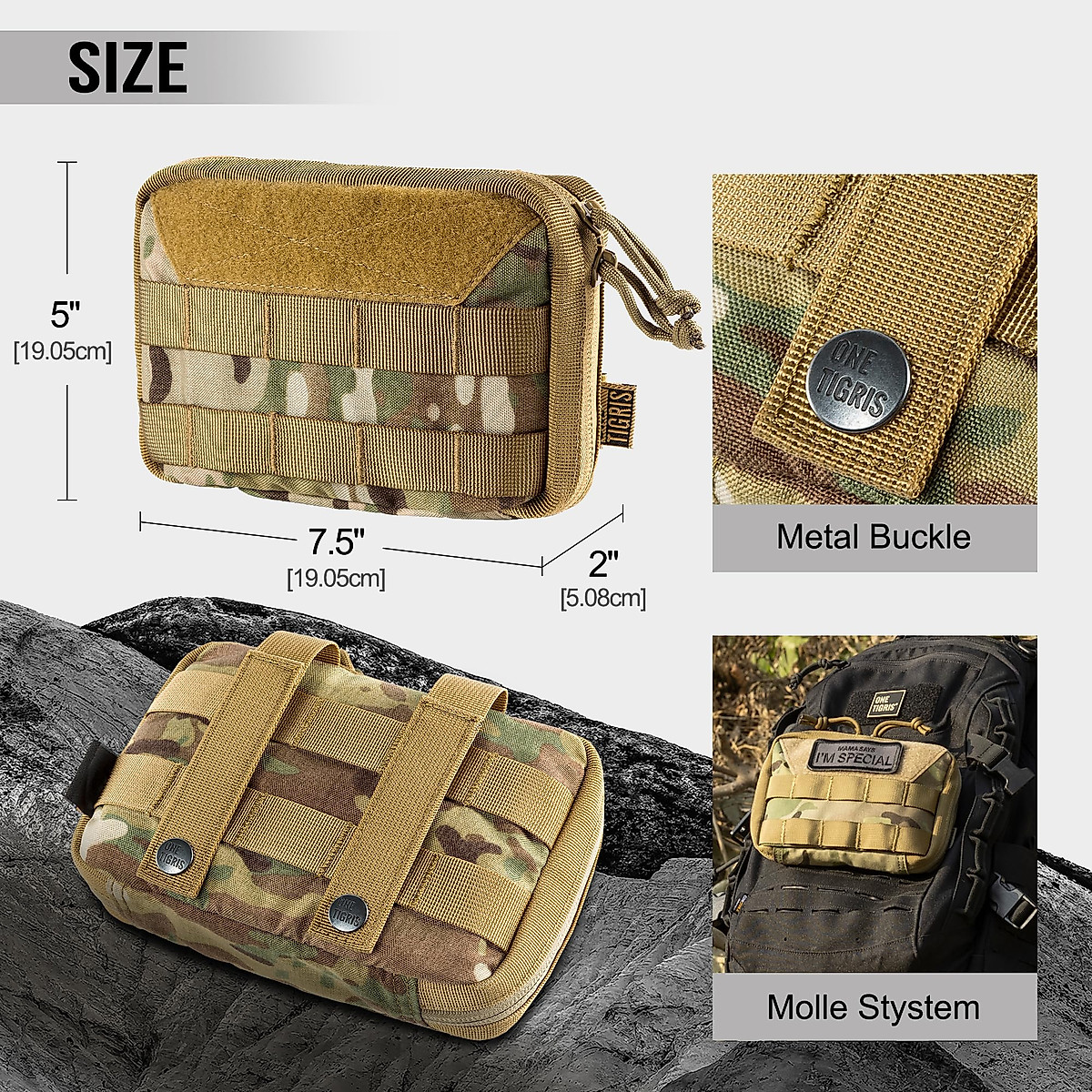 OneTigris Molle Pouch, Tactical Admin Pouch Belt EDC Tool Organizer Zippered Utility Waist Pack 7.5"x5"x2"(Camocolor)