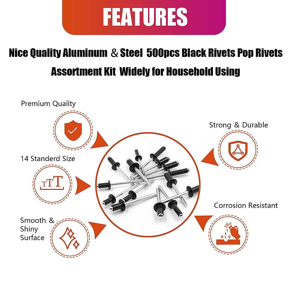 500pcs Black Rivets Pop Assortment Rivet Kit, Aluminum Assorted Blind Rivets 14 Sizes (3/32" 1/8" 5/32" 3/16"),with Reinfored Divider & Labeled Case
