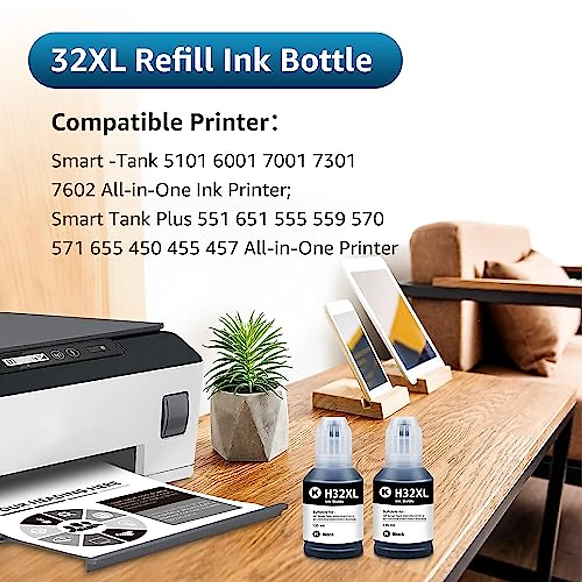 Transpex Compatible Ink Bottle Replacement for 32XL Black Refill Ink Use with 7301 7602 7001 6001 5101 551 651 Ink Tank Printers (2 Black)