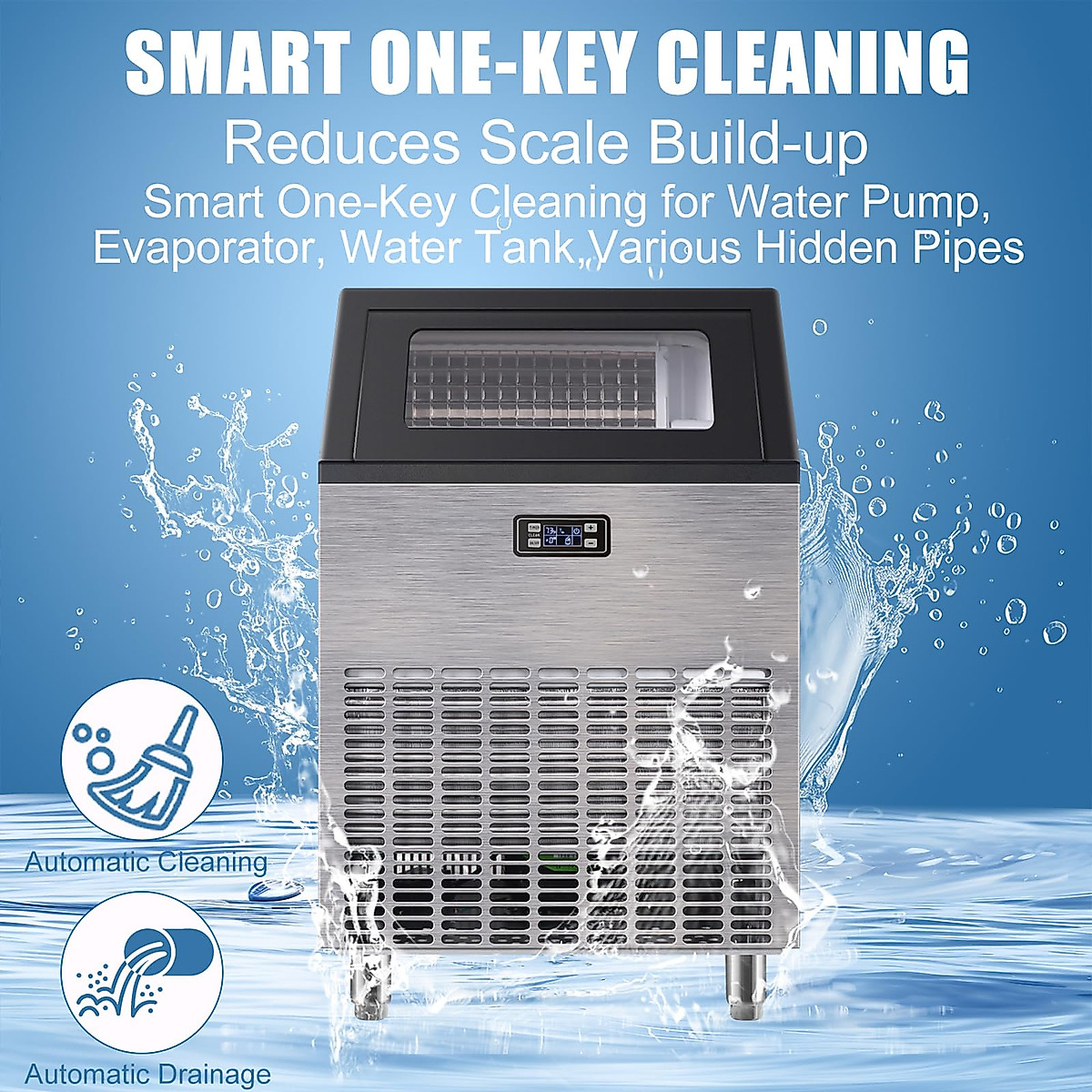 Commercial Ice Maker Machine, 270lbs/24H Stainless Steel Under Counter Ice Machine with 55lbs Ice Storage Capacity, Freestanding Cubic Ice Maker