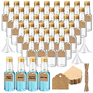 50 Pack Mini Liquor Bottles with Gold Screw Bulk 1.7 oz Reusable Plastic Empty Alcohol Shot Bottle for Vodka Champagne Whiskey, 3 Liquid Funnels and 50 Tags with Ropes for Wedding Party