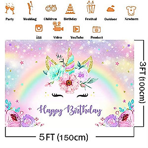 Avezano Unicorn Birthday Backdrop 5x3ft Gold Glitter Rainbow Unicorn Birthday Photo Background Girls Birthday Bokeh Floral Party Decorations Kids Photo Booth Gifts