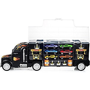 Toy Truck Transport Car Carrier - Toy truck Includes 6 Toy Cars and Accessories Fits 28 Toy Car Slots - Great car toys Gift For Boys and Girls - Original - By Play22