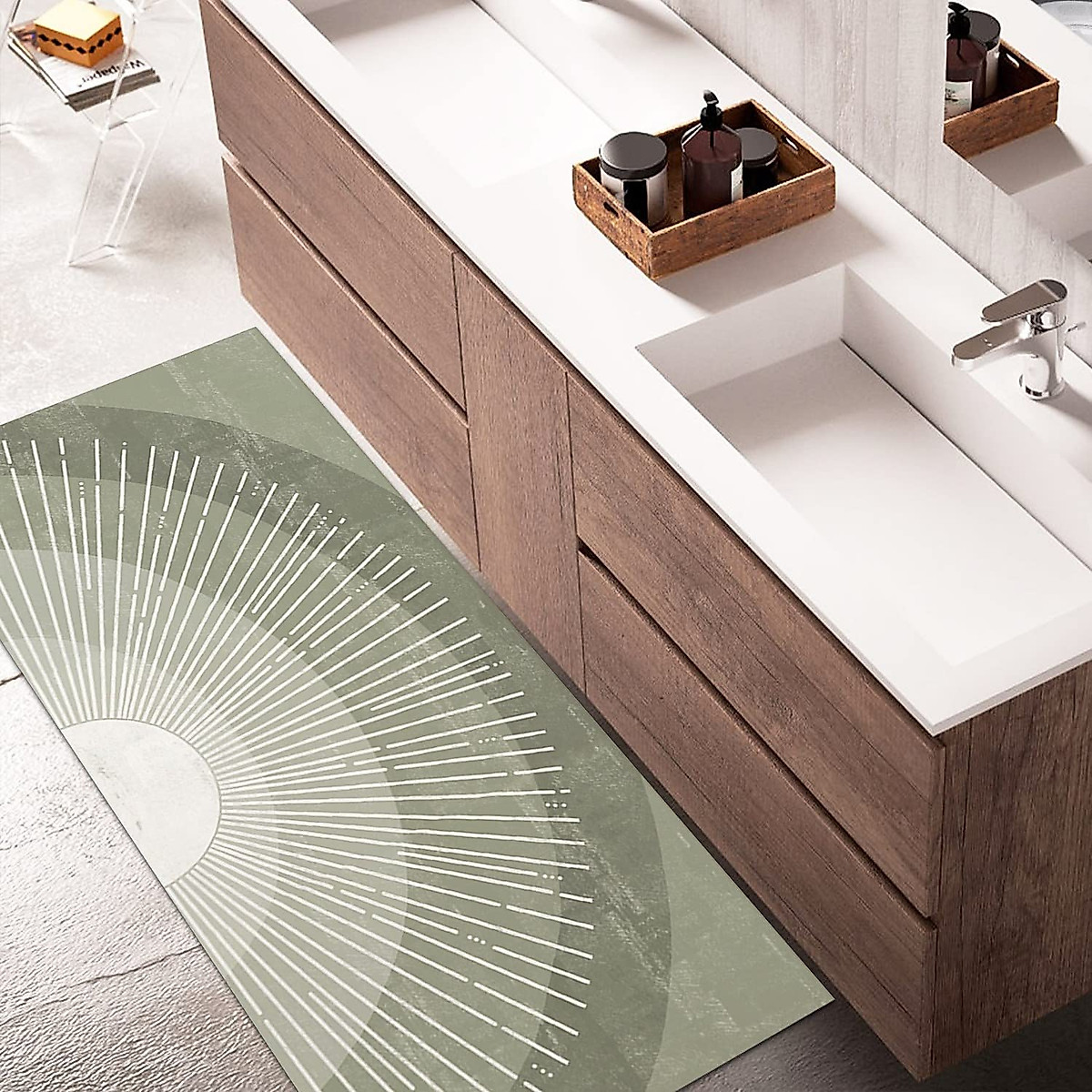 GUBIYU Boho Bedroom Rug Green Sun Area Rugs Runner Rug Sage Green Abstract Large Area Rugs Non Slip Bathroom Rugs Kitchen Runner Rugs Living Room Rugs for Laundry Nursery Kids Room Entryway 23.6"x59"