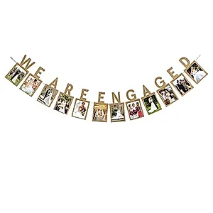 We Are Engaged Photo Banner, Wedding Engagement Party Sign Supplies, Kraft Paper Bunting For Bridal Shower Party Decorations