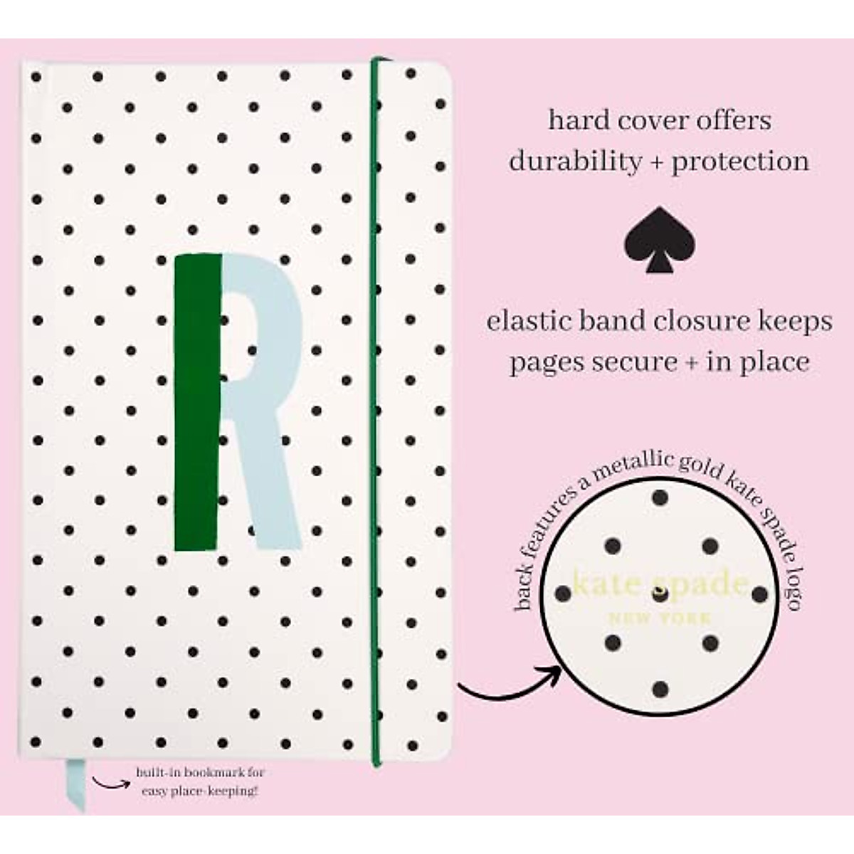 Kate Spade New York Take Note Large Polka Dot Leatherette Initial Notebook, Bound Journal Includes 168 Lined Pages and Bookmark, R (Green)
