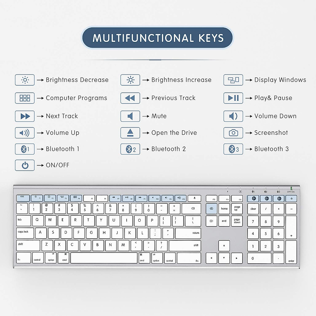 Bluetooth Keyboard for Mac, Multi-Device Rechargeable Keyboard, Ultra-Slim Wireless Keyboard with Full-Size Number Pad, Compatible with Apple MacBook Pro/Air, iMac, iPhone, iPad