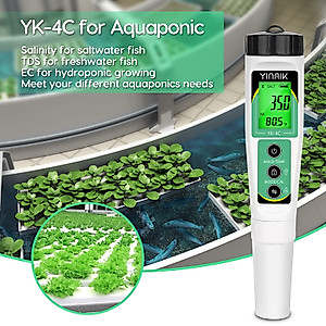 YINMIK EC Salt TDS Meter 4 in 1 Salinity Conductivity TDS Temperature Meter for Hydroponics, Waterproof PPM Water Tester with Backlit for Salt Water Pool, Nutrients, Aquarium, Aquaponics