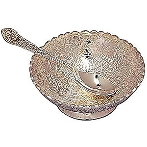 Aluminium -Silver Plated Small Bowl Set with Spoon Size - 3.5 Inch Diameter Bowl , capacity -100 ml /3.38 OZ -30 Grams bowl weight