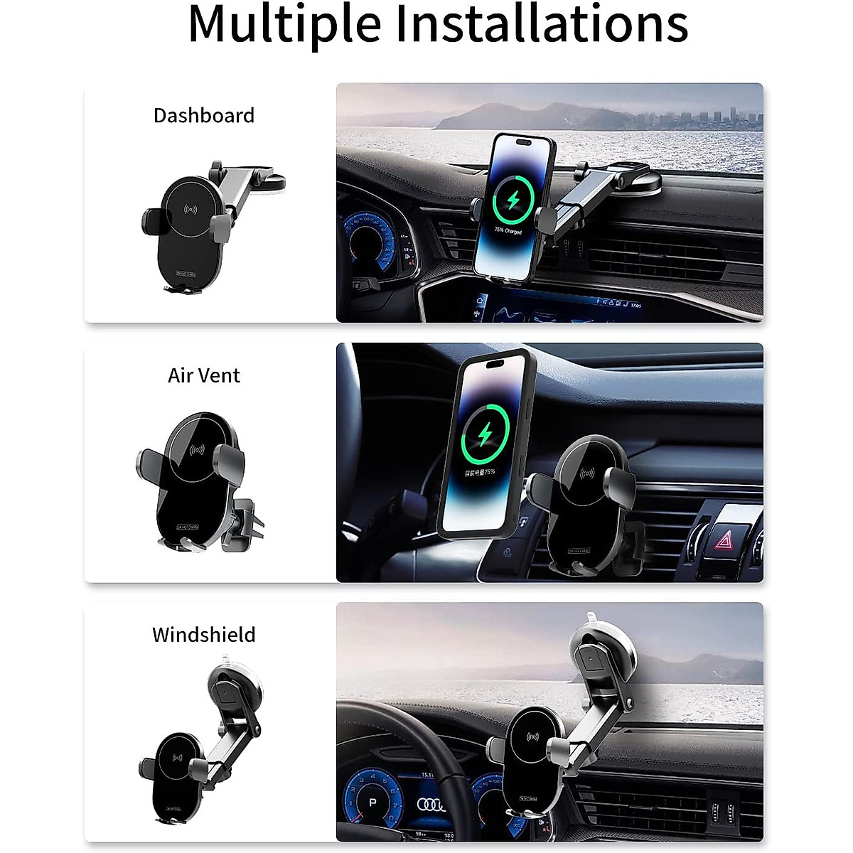 KPON Wireless Charger for Car - Auto Clamping Car Phone Holder Mount Wireless Charging - Dashboard Air Vent Wireless Car Charger Compatible with Popsocket/Otterbox/Thick Cases up to10mm