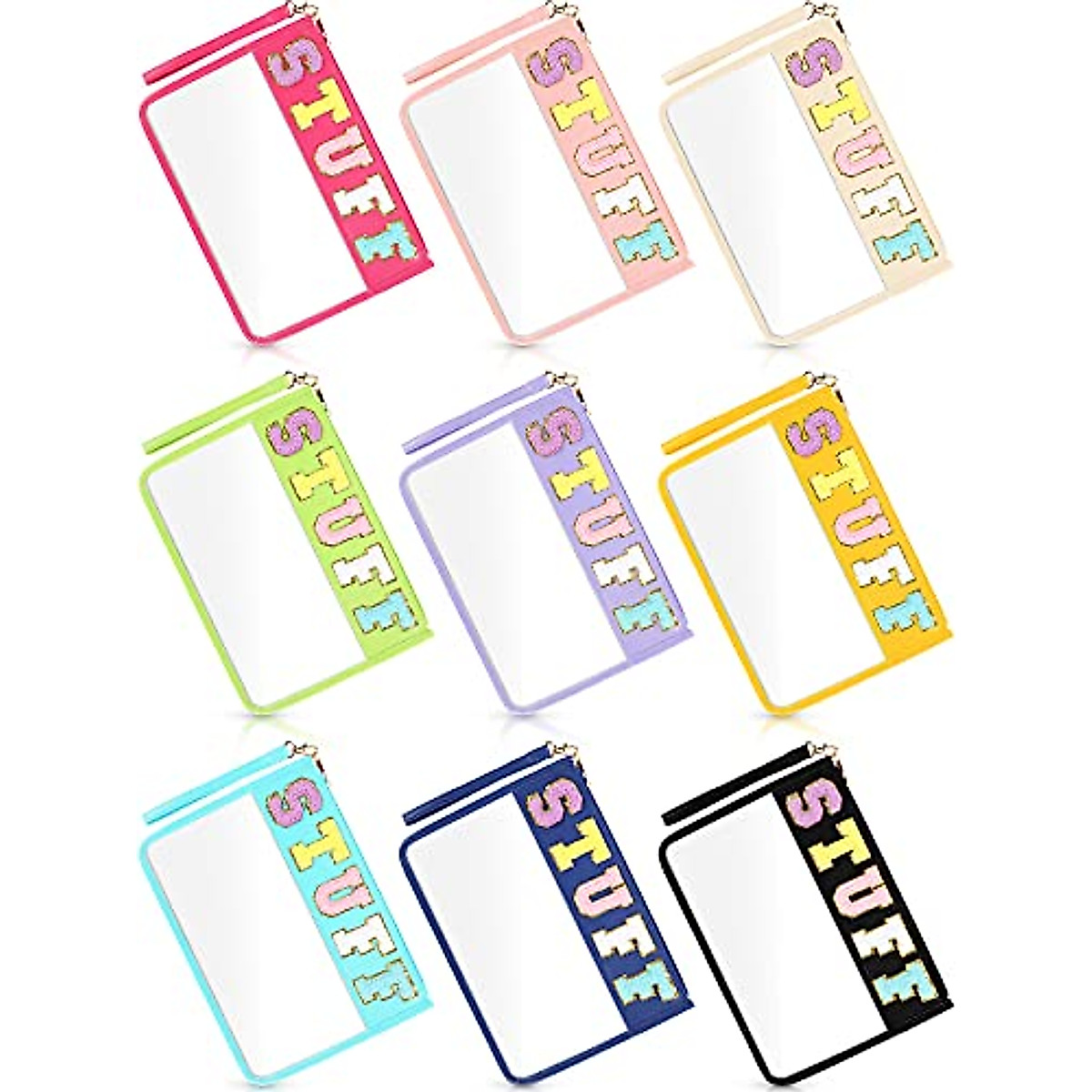 9PCS Clear Chenille Letter Bag Multi-purpose Stuff Snack Pouch Bag PVC Preppy Makeup Stuff Bag with Wristlet Waterproof Snack Stadium Bag Organizer Cosmetic Bag for Women Travel (Multicolor,Stuff)