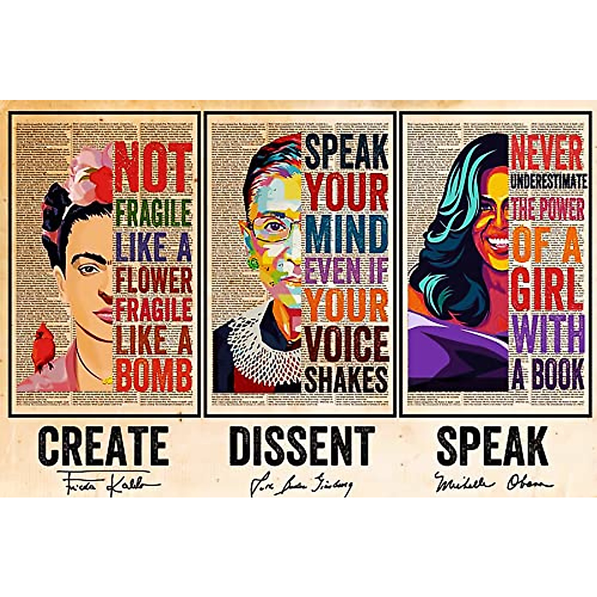 Schian Feminist Wall Art Poster Home Decor - Ruth Bader Ginsburg, RBG, Michelle Obama, Frida - Creat, Dissent, Speak - Powerful Women, Women Speak, Womens Rights - Unframed(18x12 inches)