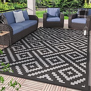 GENIMO Outdoor Rug for Patio Clearance,6'x9' Waterproof Mat,Reversible Plastic Camping Rugs,Rv,Porch,Deck,Camper,Balcony,Backyard,Black & Gray