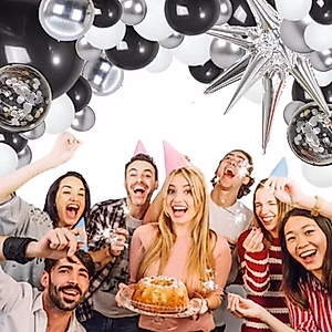 LyzzGlobo Starburst Black and White Balloon Garland Kit, Silver and Confetti Aluminum Film Balloons Arch Kit for Birthday Wedding Anniversary Party Supplies