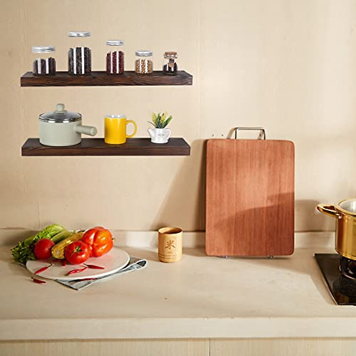 QTSARTISAN Floating Shelf Set — Rustic Solid Wood Hanging Rectangle Wall Shelves with Invisible Metal Brackets for Bedroom, Bathroom, Living Room and Kitchen(Walnut, 36" x 5.9")