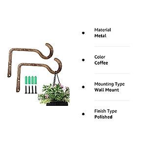 2 Pack 6 Inch Premium Decorative Metal Iron Wall Hook, Rustic Plant Hanger, Indoor Outdoor Gardening Bracket Hook, for Planters, Bird Feeders, Lanterns, Wind Chimes, by RIGHT+LEFT (Coffee)
