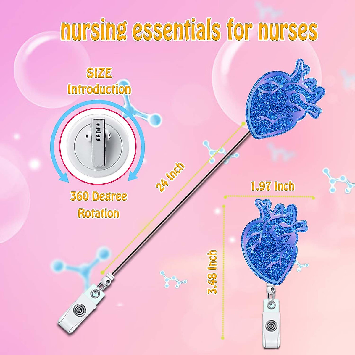 ANDGING Blue Cardiac Heart Badge Reel Holder Retractable Badge Clips Funny Cute Cardiology Nursing Badge Reels Retractable for Nurses Medical Badge Glitter RN LPN CNA ID Card Office Accessories