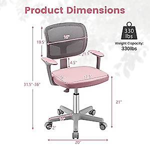 Giantex Kids Desk Chair, Height Adjustable Children Swivel Computer Chair with Y-Shaped Lumbar Support & Auto Sit-Locking Wheels, Mesh Kids Task Chair for Study, Boys Girls Aged 4-13, Pink