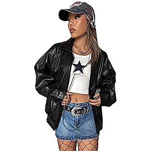 MakeMeChic Women's Faux Leather Jacket Casual Long Sleeve Collar Zip Up PU Leather Jacket Coat Black S