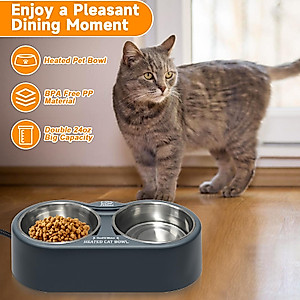 Heated Cat Bowl, Outdoor Heated Pet Bowl with Double Stainless Steel Bowl 24 OZ, Heated Water Food Bowl for Cat Pet, Thermal Pet Bowl Provide Drinkable Water and Hot Food in Winter