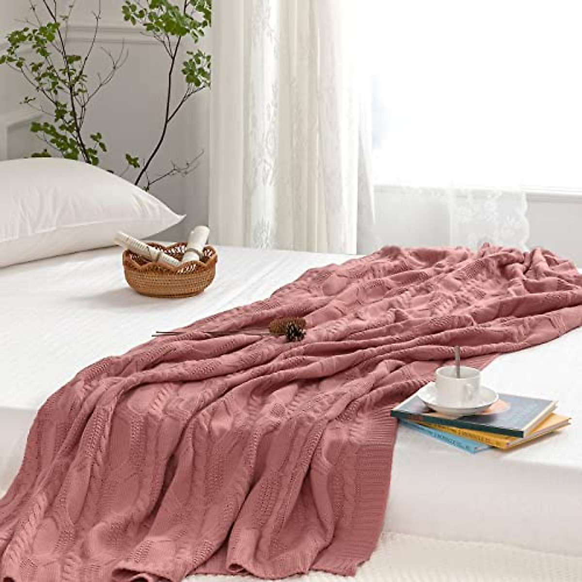 Aormenzy Dusty Pink Knit Throw Blankets Cable Knit Decorative Throw Blanket Dusty Rose Soft Cozy Knitted Blanket for Sofa Couch Bed, 50" x 60"