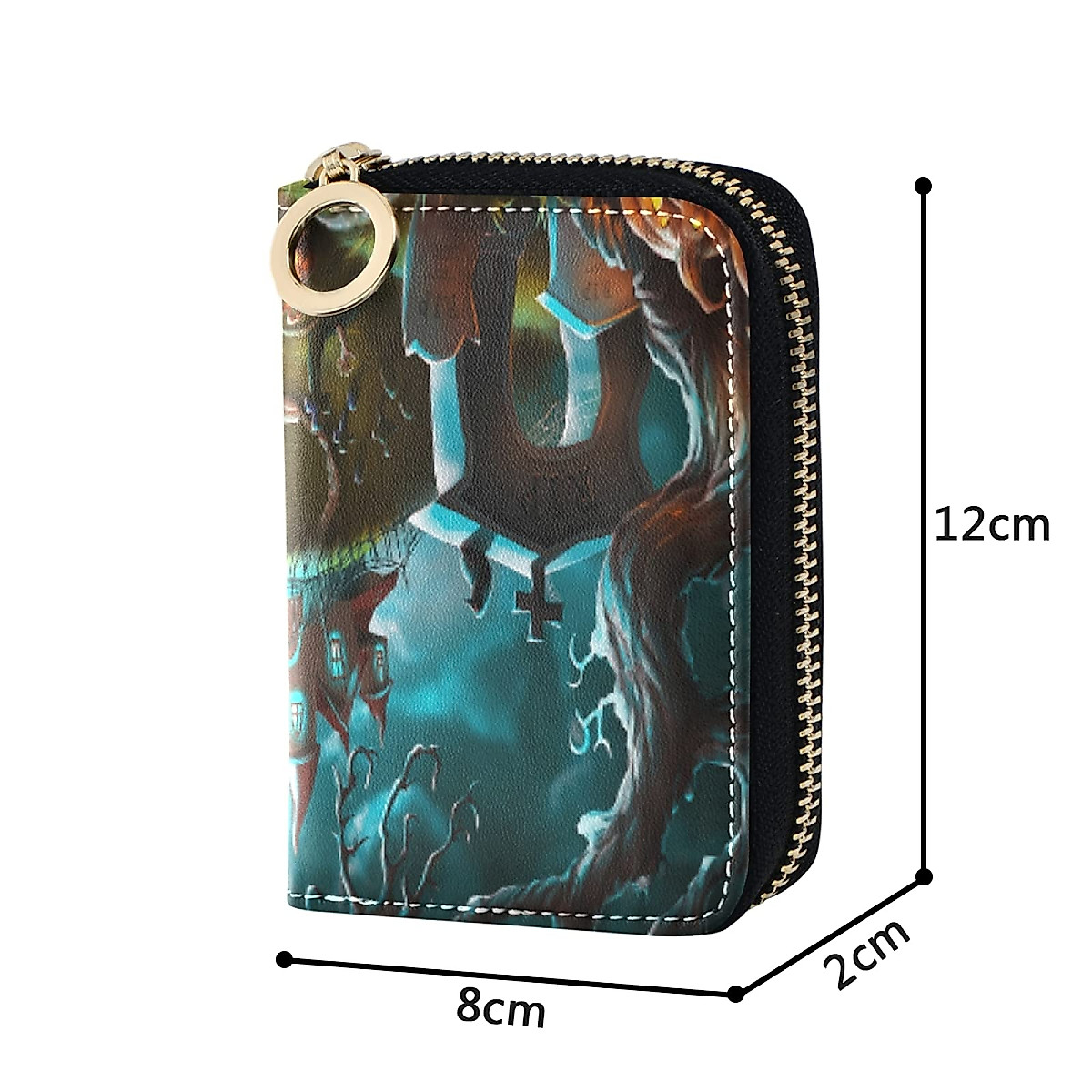 Halloween Night Mystery Graveyard Grey Credit Card Coin wallet, RFID Blocking Compact Women Leather Card Holder, Key Change Organizer, Zipper Purse Clutch Pouch Pocket