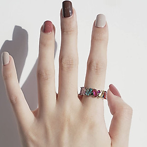 Michooyel Eternity Rainbow Ring Band Ring for Women Rhodium Plated Baguette Multicolor Cubic Zirconia Eternity Ring