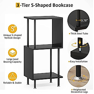 Book Shelf Bookcase, Modern Small Bookshelf for Small Spaces: S-Shaped Wooden Bookshelf Corner Bookshelf for Living Room Bedroom Home Office, Black Bookshelves and Bookcases Storage Organizer, 3-Tier