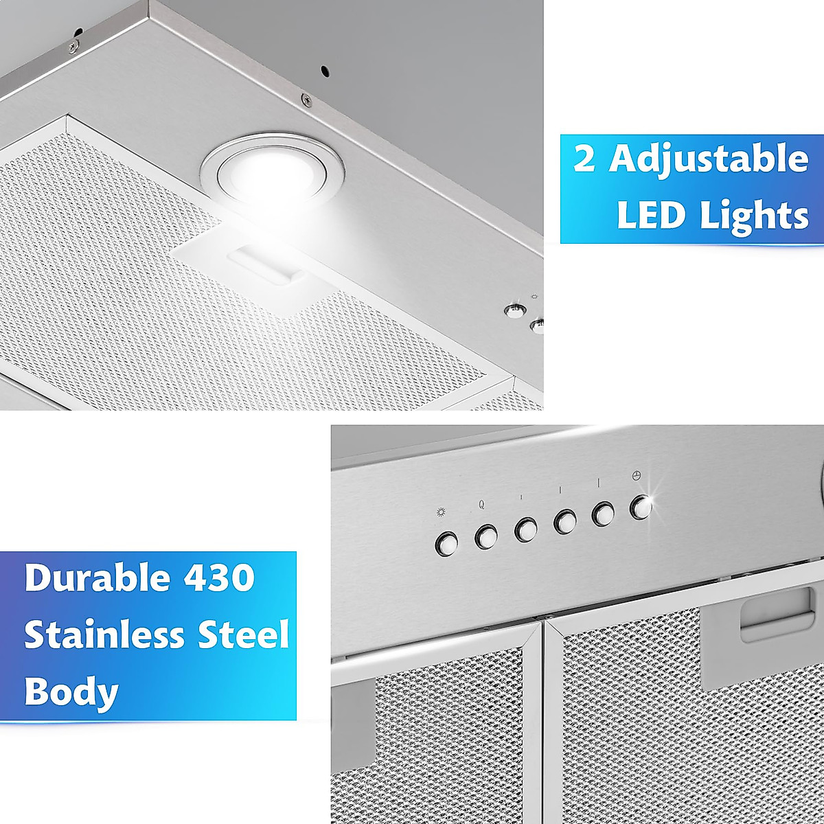 ONEEON 30" Range Hood Insert - 500 CFM Stainless Steel Built-in Kitchen Vent w/ 4-Speed Exhaust Fan, Dishwasher-Safe Baffle Filters, LED Lights & 3-Min Delayed Shutdown