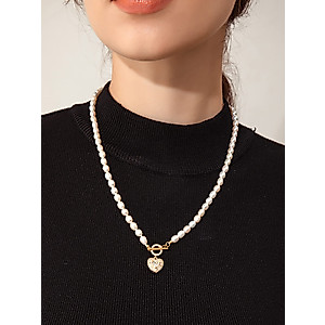 Cowlyn Love Heart Necklaces Pendant Pearl Chain 14K Gold Plated Mothers Valentine Gift Women Handmade Mom Jewelry