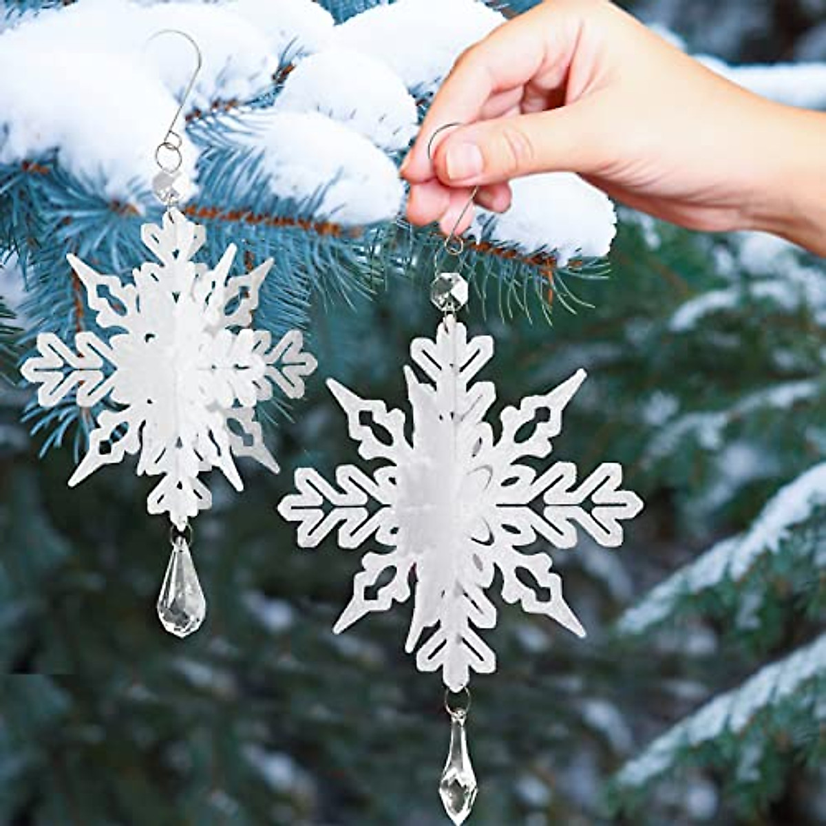White Christmas Snowflake Ornaments - 8Pcs Plastic 3D Glitter White Snowflake Ornaments with Crystal Pendant and Hook for Christmas Tree Decorations Winter Wonderland Frozen Birthday Party Supplies