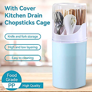 Kitchen Utensil Holder with Cover, 4 Compartment Wall-Mounted Countertop Plastic Silverware Holder Utensil Drying Rack for Cutlery, Chopstick, Spoons, Forks, Knives(Blue)