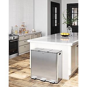 DEXSO Large Trash Can with Lid - 24 Gallons Foot Step Stainless Steel Triple 8-Gallon Compartments Trash and Recycle Bin Combo Garbage Can
