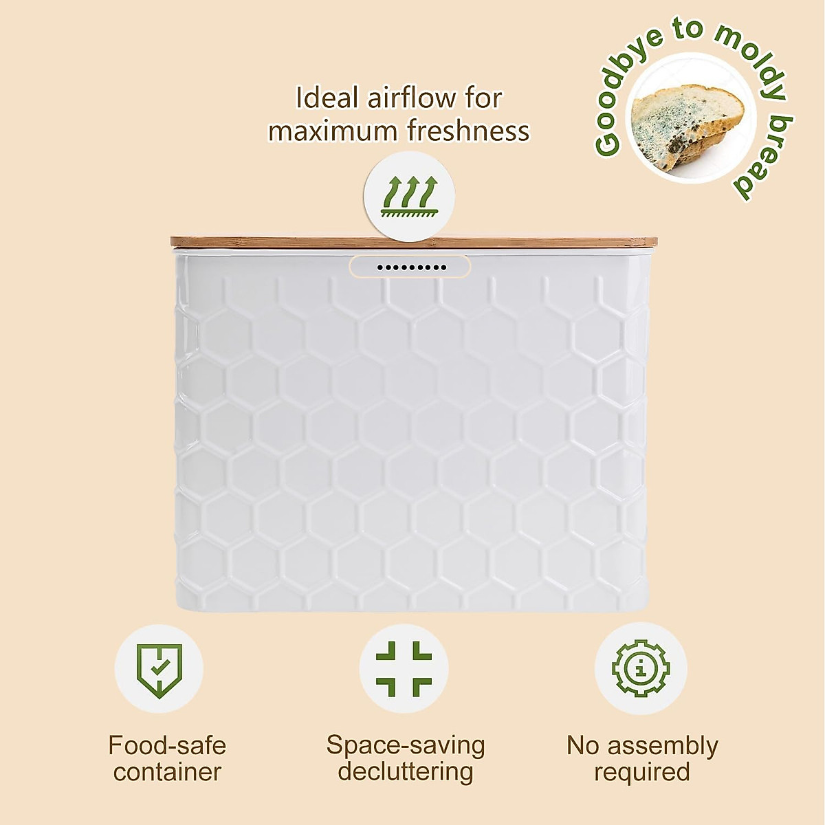 NIKKY HOME Extra Large Space Saving Farmhouse Bread Box With Wood Lid - Holds 2 Loaves - Vertical Breadbox Bread Storage Bin Holder for Kitchen Countertop, White