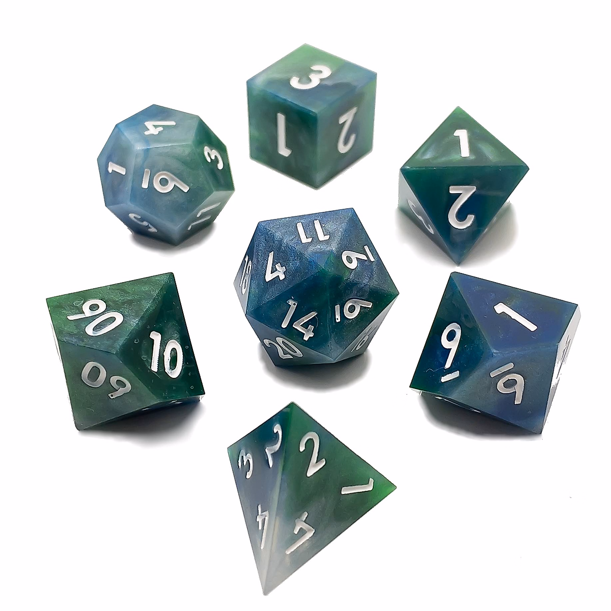 Tabletop Supply Company Sharp Edge Polyhedral Dice Set, Shimmering Jade